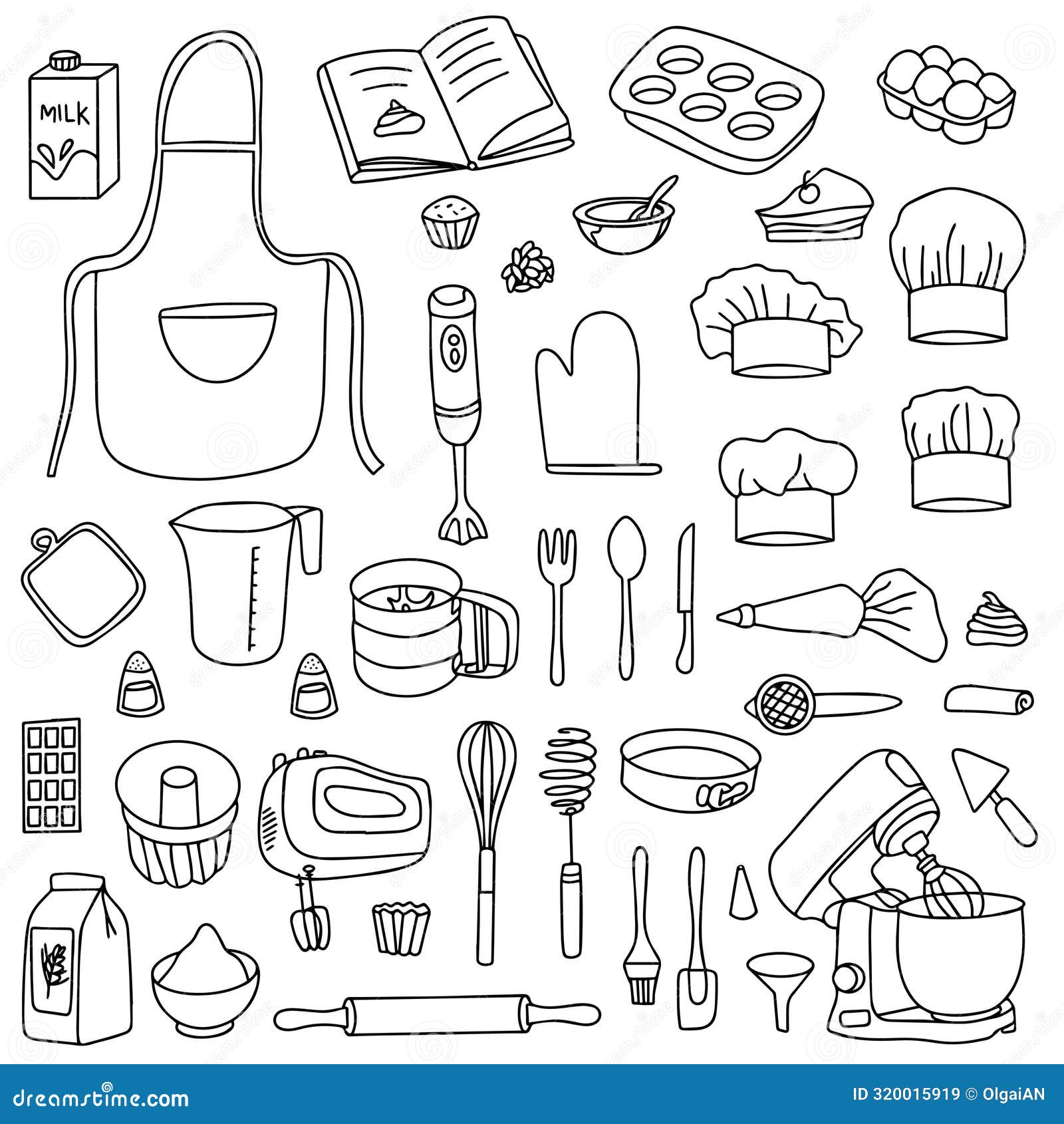 Collection of Baking Accessories. Set of Kitchen Utensils in Doodle ...