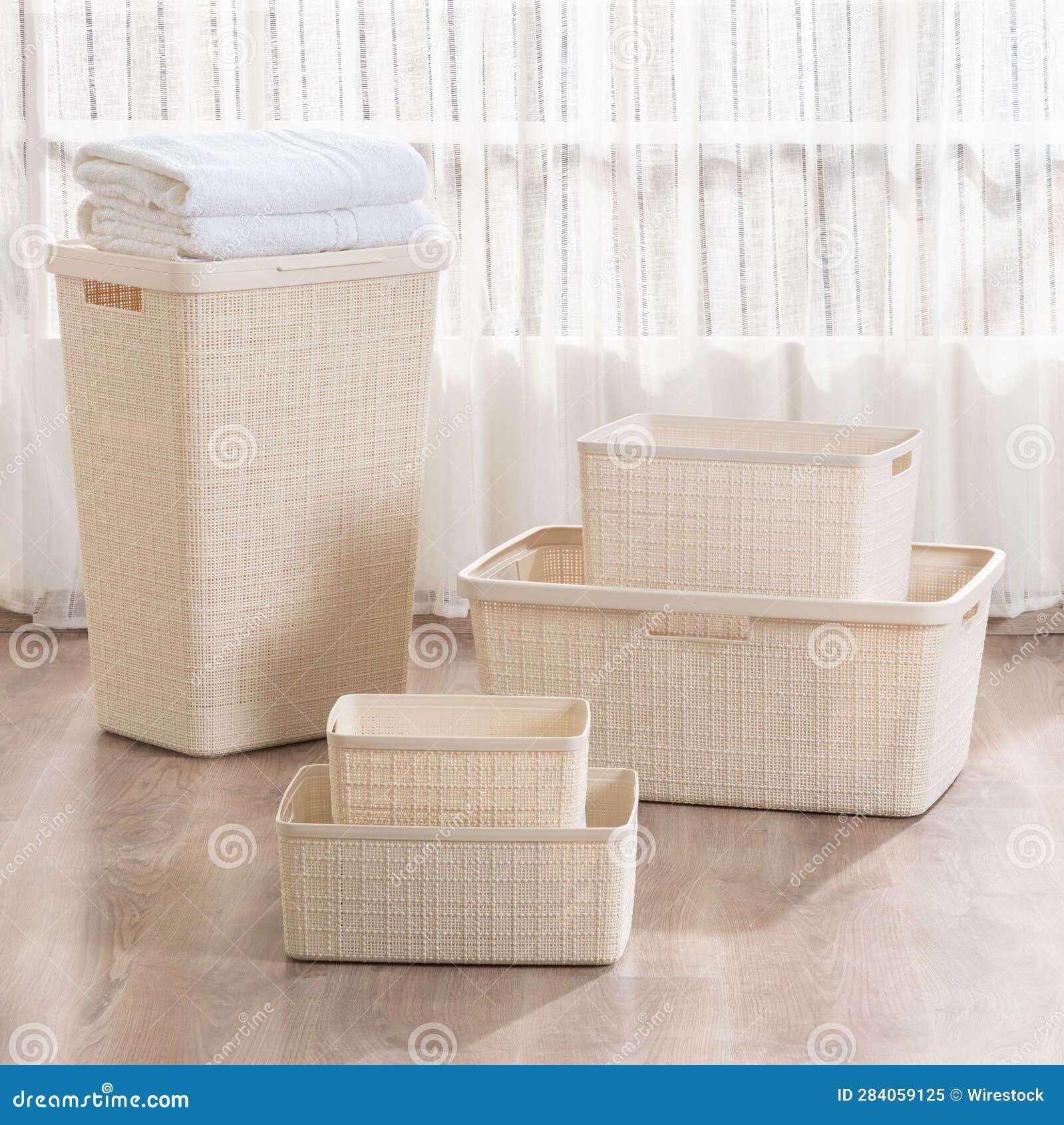 Collection of Baskets and Bins Arranged on the Floor. Stock Image ...