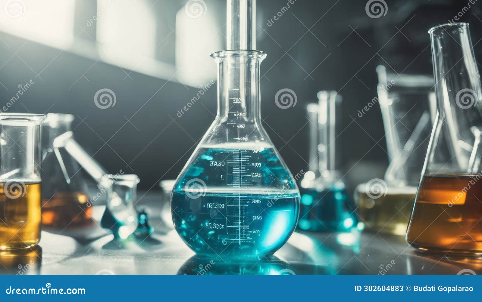 A Collection of Beakers with Different Colored Liquids Stock ...