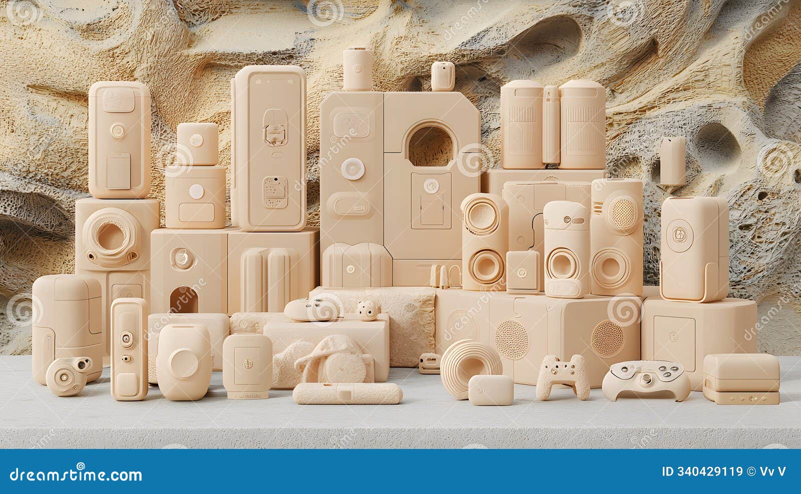 Collection of Beige Tech-inspired Objects on Display Stock Image ...