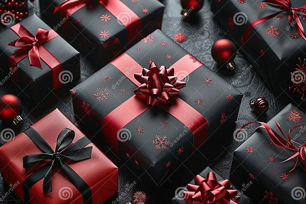 Black and Red Gift Boxes with Snowflake Pattern and Ribbon Bows Stock ...