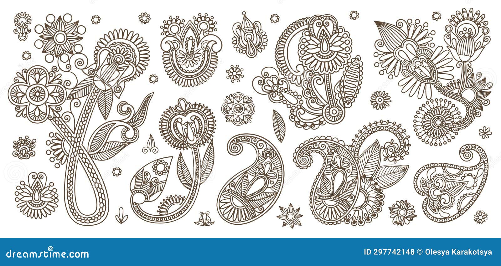 Collection of Black Linear Images in Indian-style Henna Tattoos, Vector ...