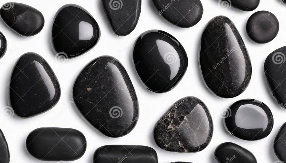 A Collection of Black Rocks, Some with Reflective Surfaces, are ...