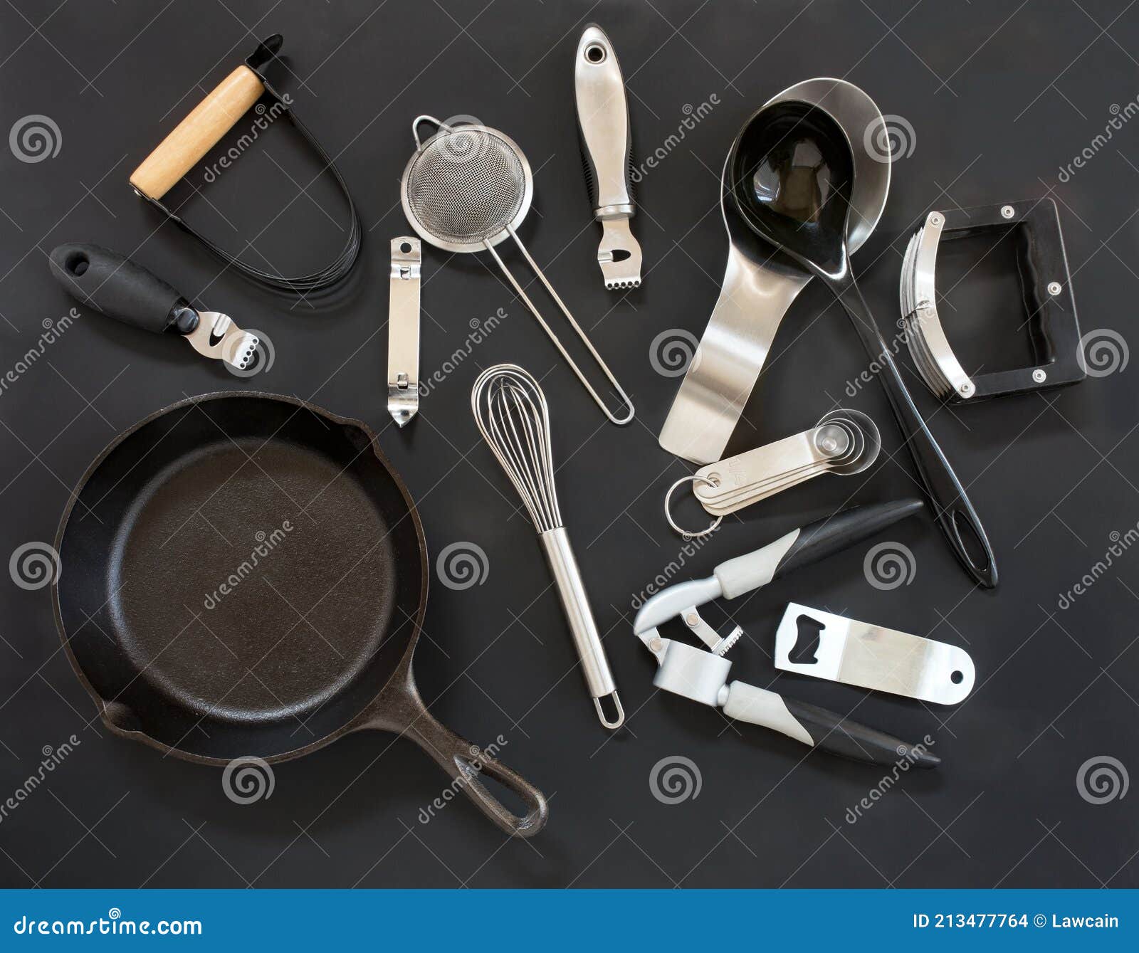 Black and Silver Kitchenware on Black Background Stock Photo - Image of ...