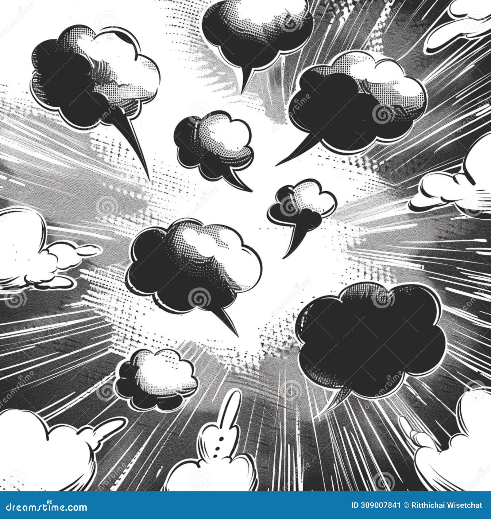 Collection of Black and White Comic Book Style Speech Bubbles and ...