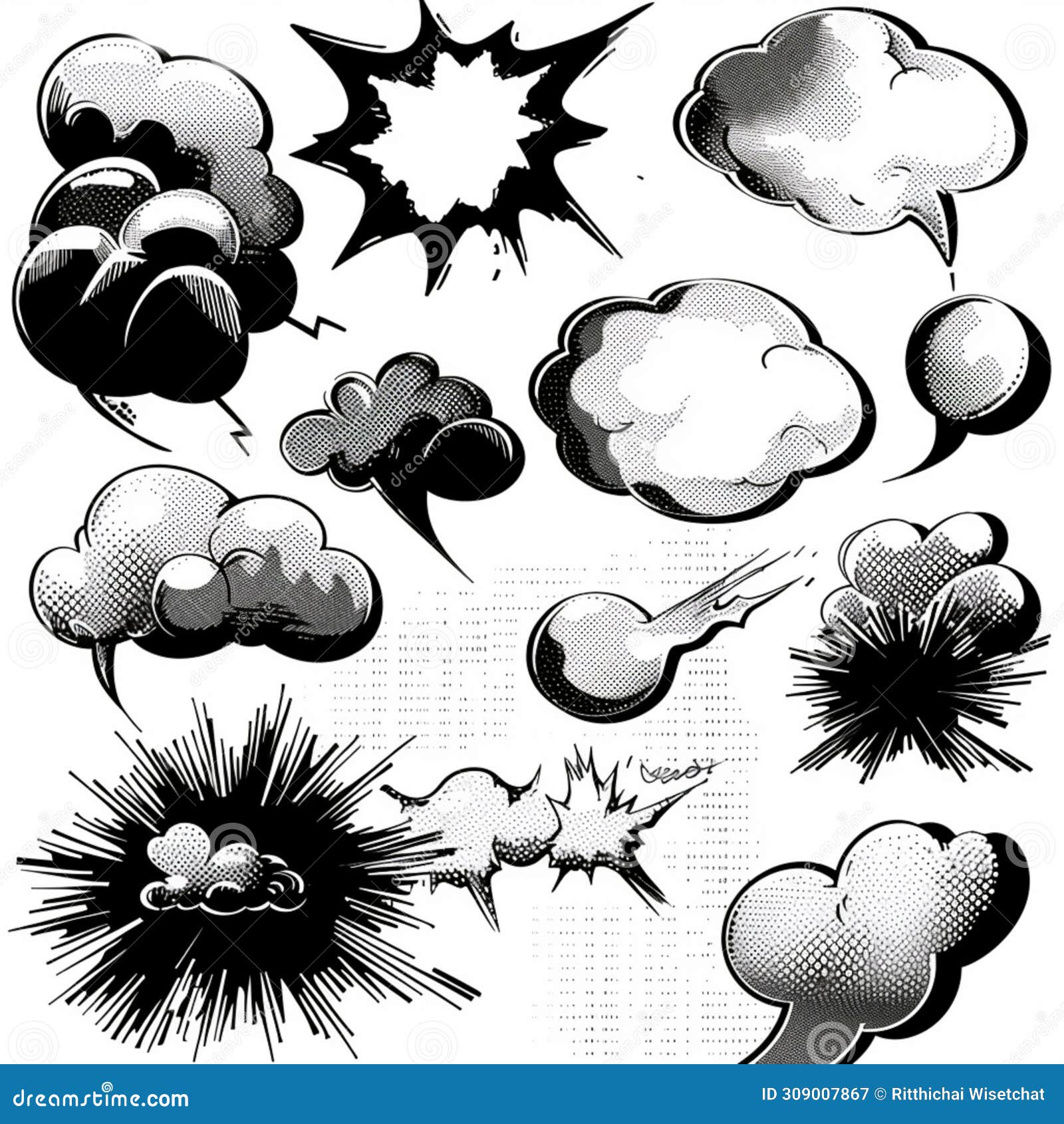 Collection of Black and White Comic Book Style Speech Bubbles and ...
