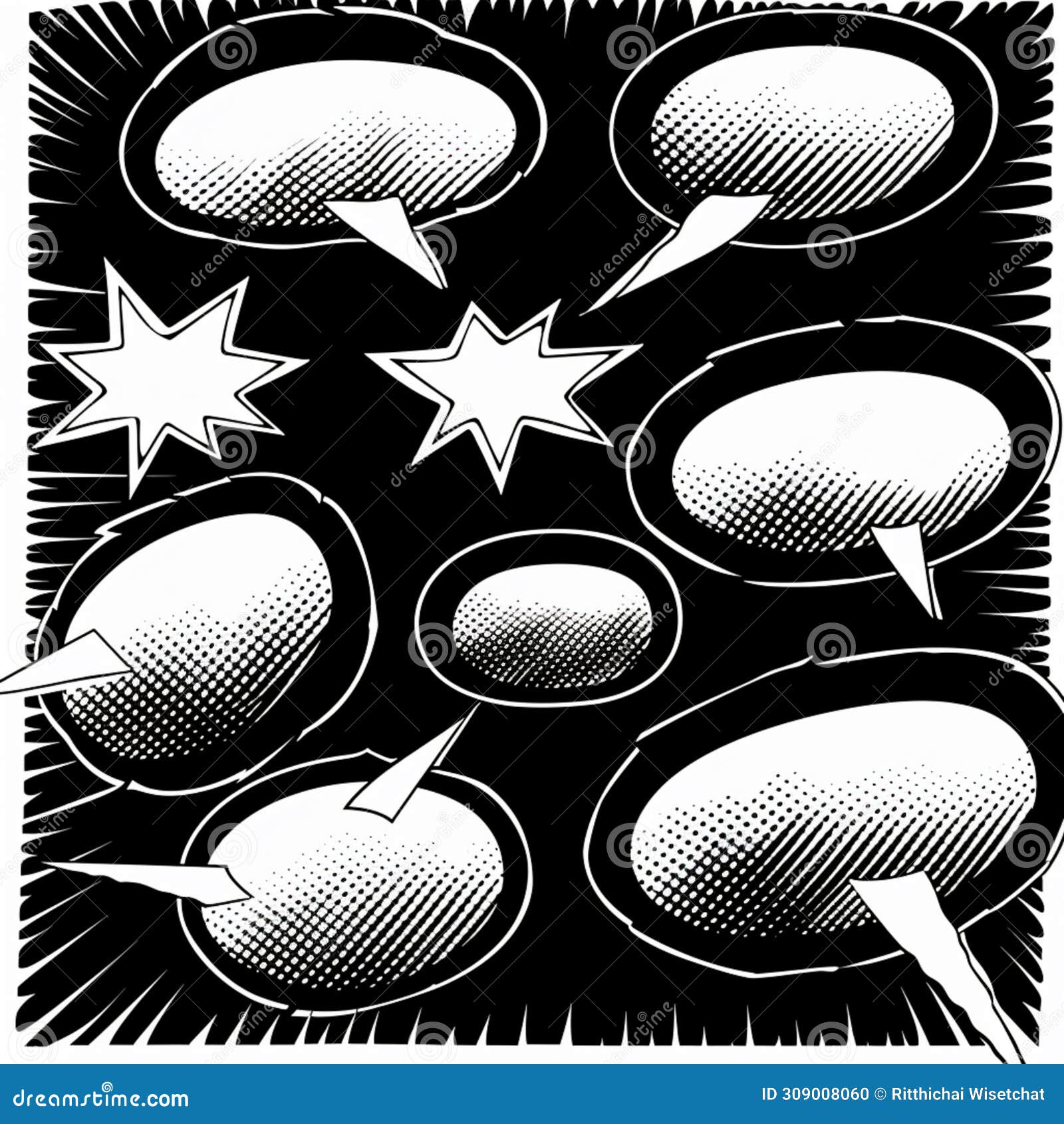 Collection of Black and White Comic Book Style Speech Bubbles and ...