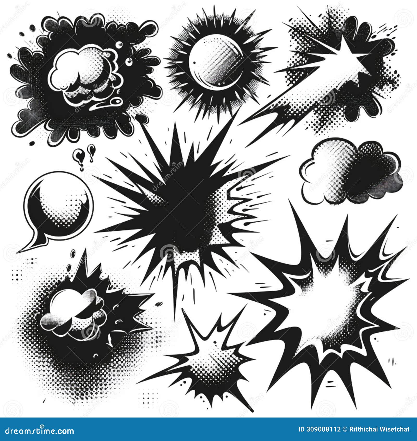 Collection of Black and White Comic Book Style Speech Bubbles and ...