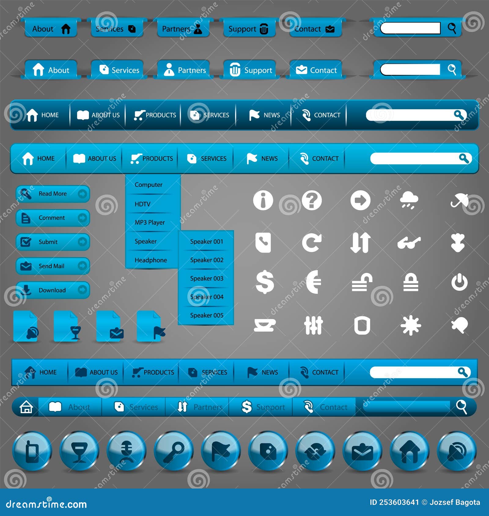 Collection of Blue Modern Styled Website Design Elements Stock Vector ...
