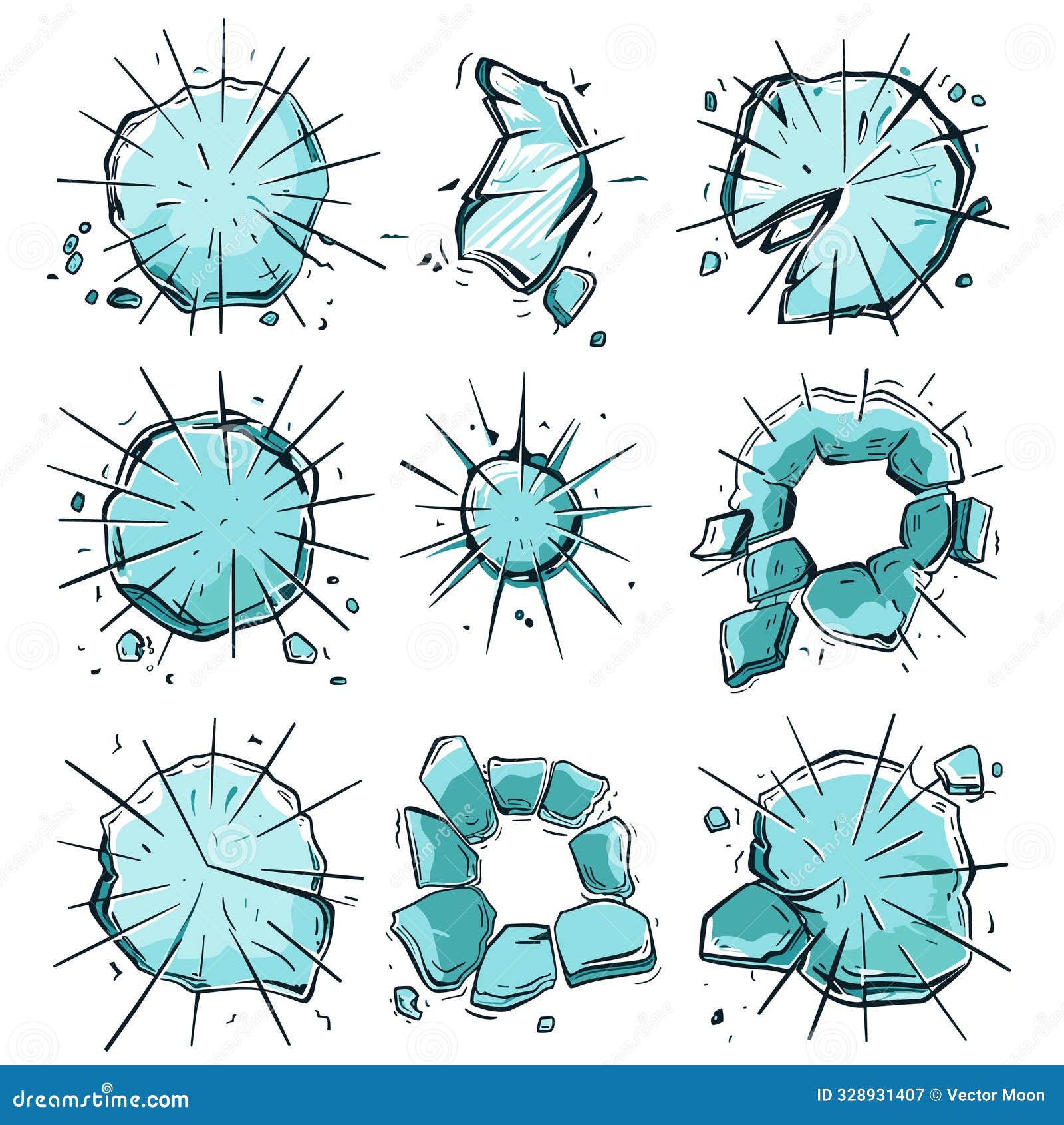 Collection Blue Shattered Glass Pieces Comic Book Style. Exploding ...