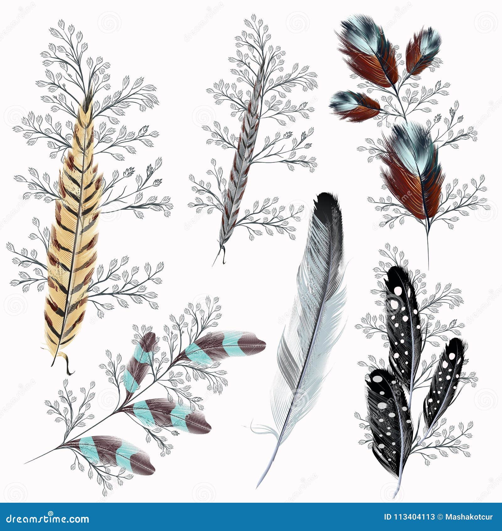Collection of Boho Feathers Stock Vector - Illustration of white ...