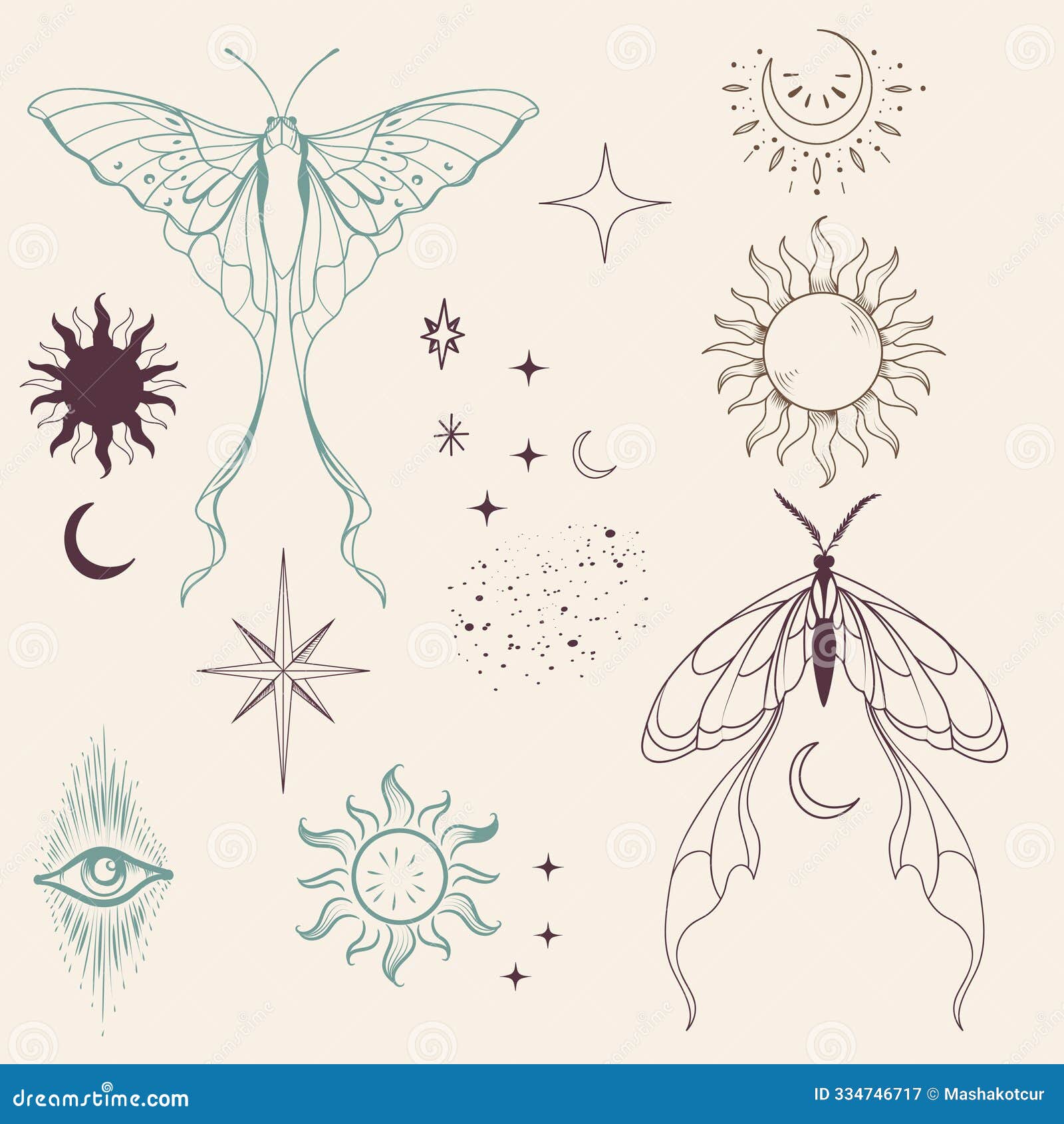 Collection of Boho Vector Butterflies, Elegant Mystic, Magic Set of ...