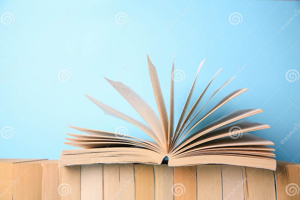 Collection of Books on Light Blue Background Stock Photo - Image of ...