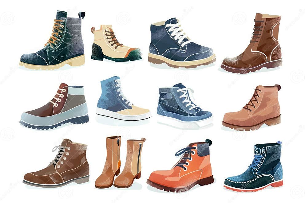 Collection of Boots Displayed on a Plain White Surface Stock Photo ...
