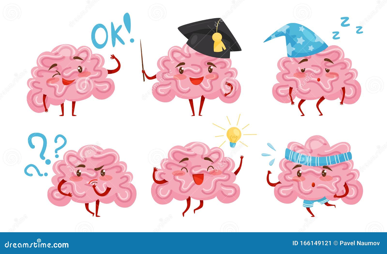 Collection of Brain Cartoon Character with Funny Face in Different ...