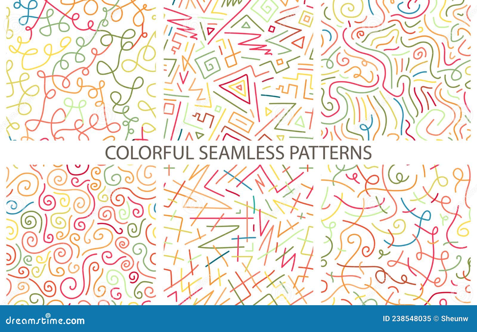 Collection of Bright Hand Drawn Seamless Curly Patterns - Delicate ...