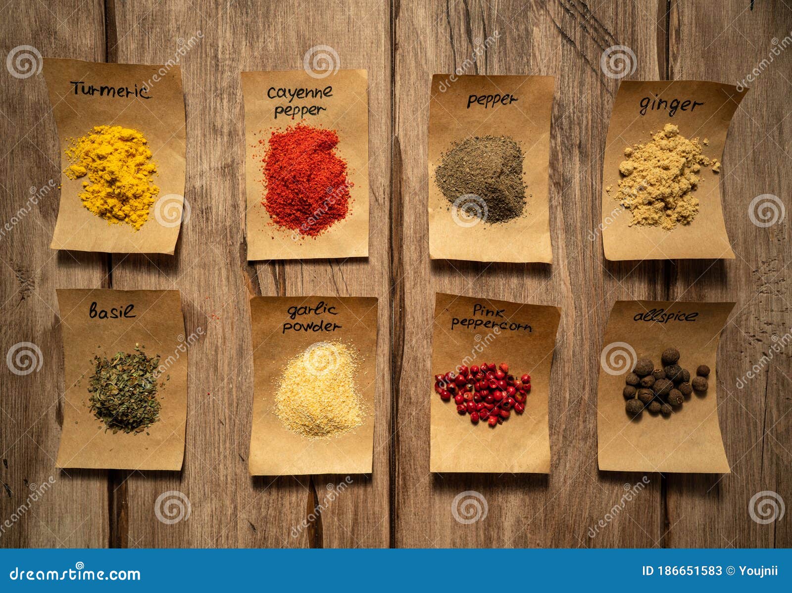 Collection of Bright Spices on Craft Paper Sheets. Top View Stock Image ...