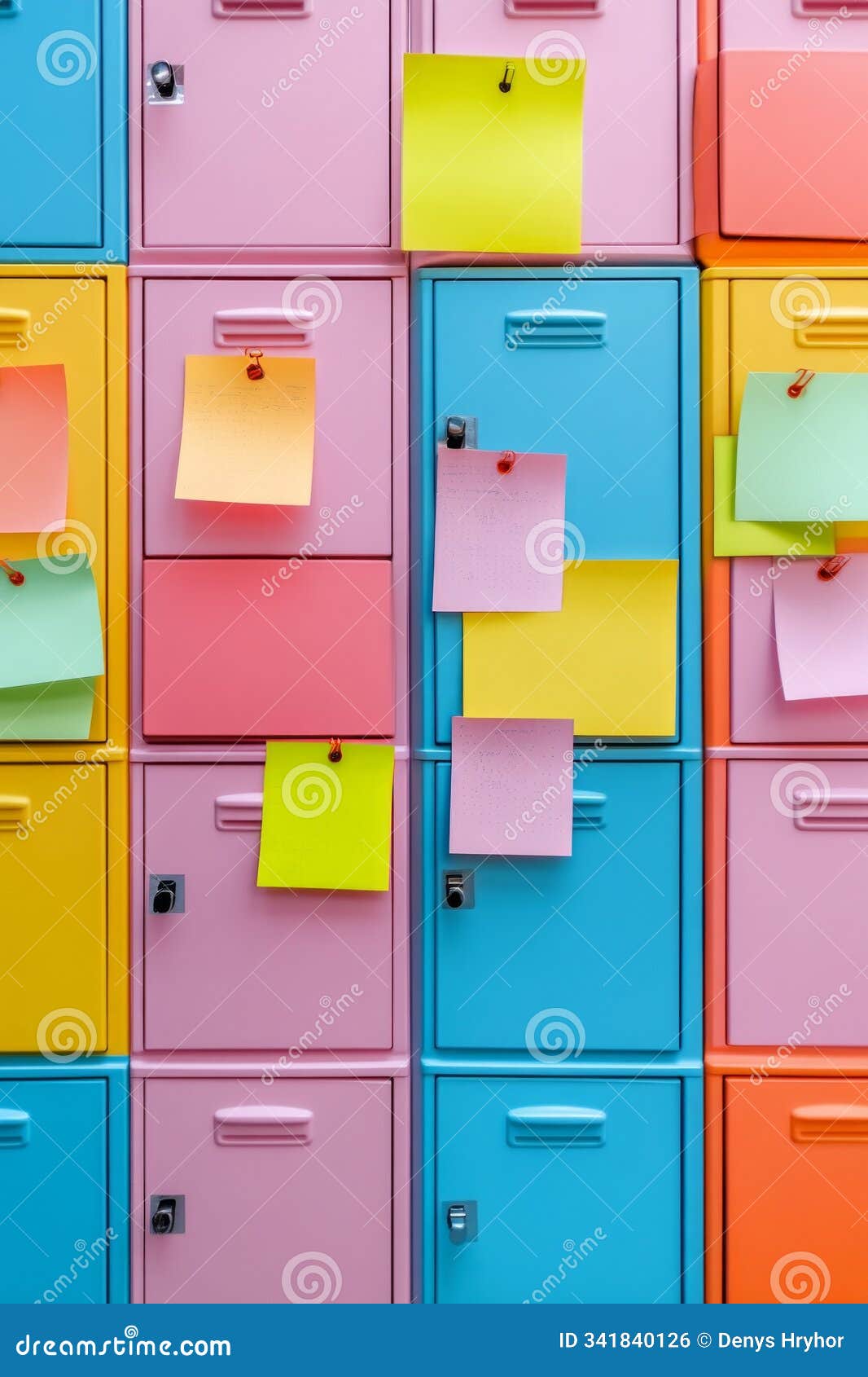 A Collection of Brightly Colored Lockers Featuring Various Sticky Notes ...