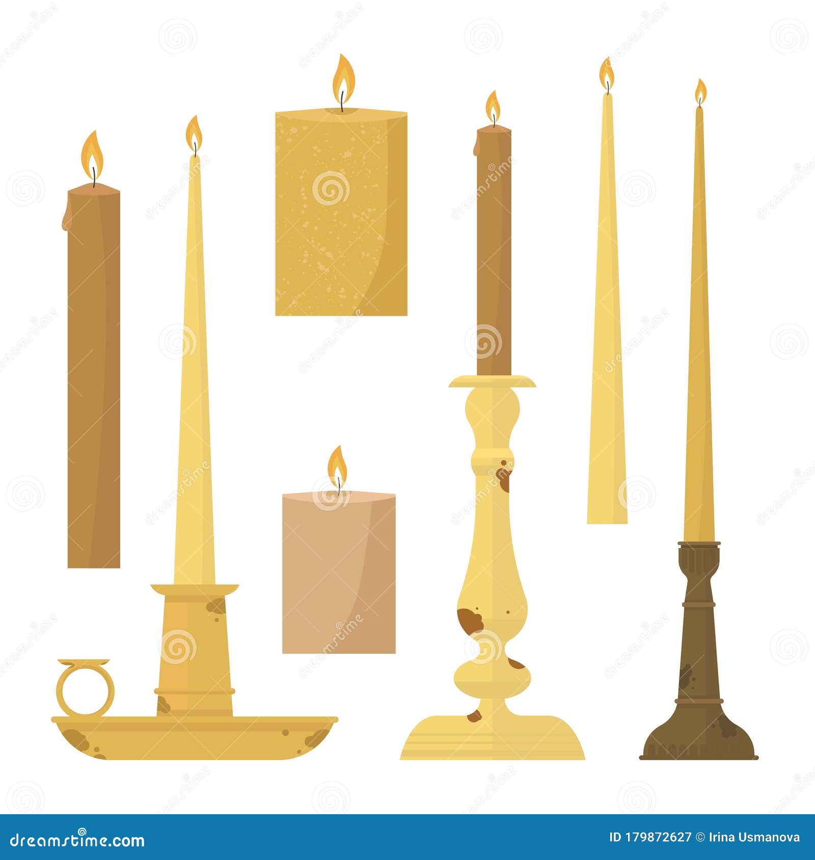 Collection of Candles in Candlesticks on a White Background. Cartoon ...
