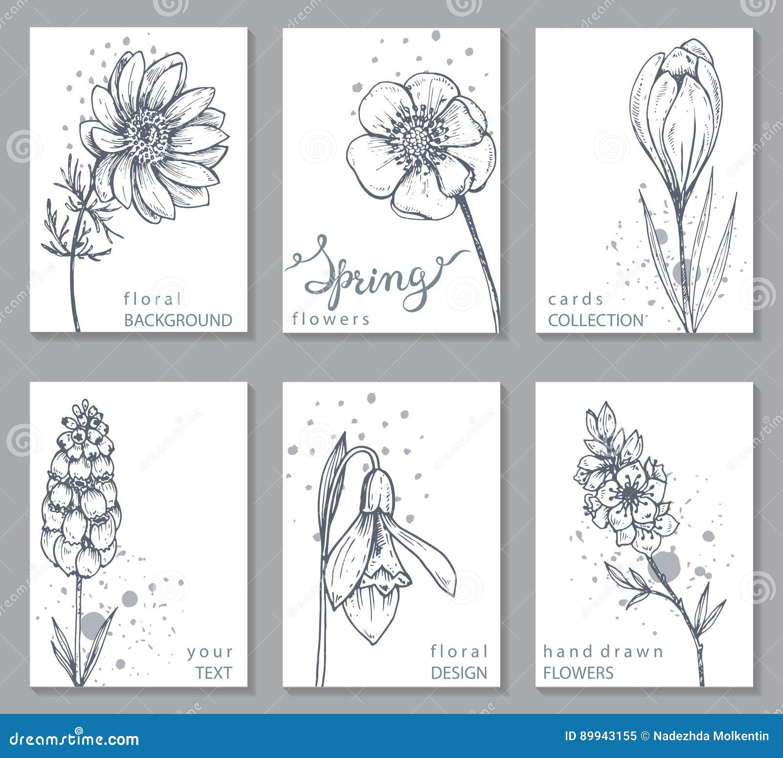Collection of 6 Cards with Hand Drawn Spring Flowers Stock Vector ...