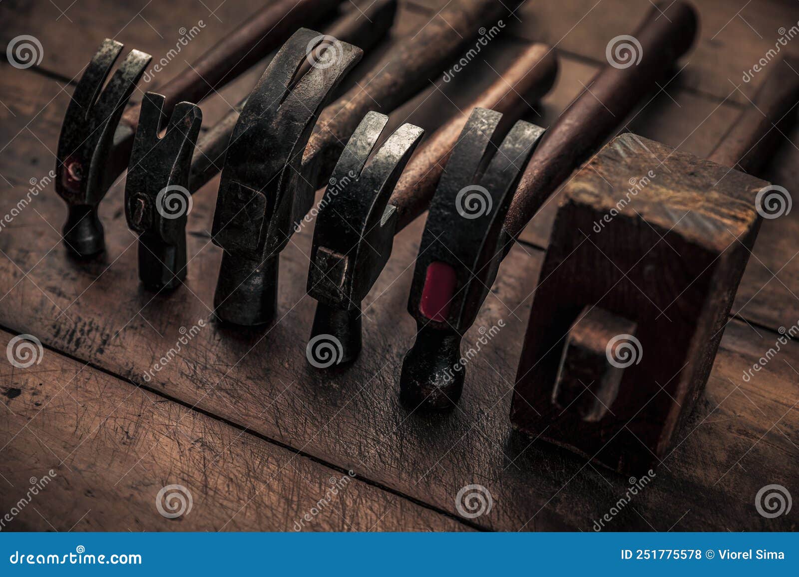 Collection of Carpentry Hammers on Top of Old Vintage Workbench Stock ...