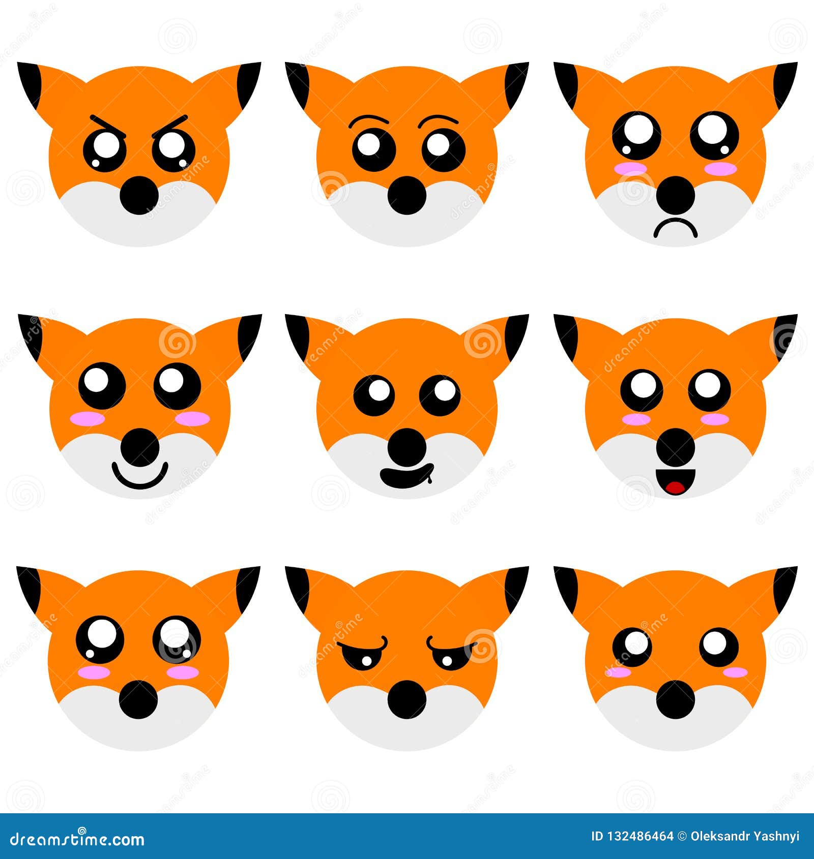 Collection of Cartoon Fox Faces Isolated on White Background. Different ...