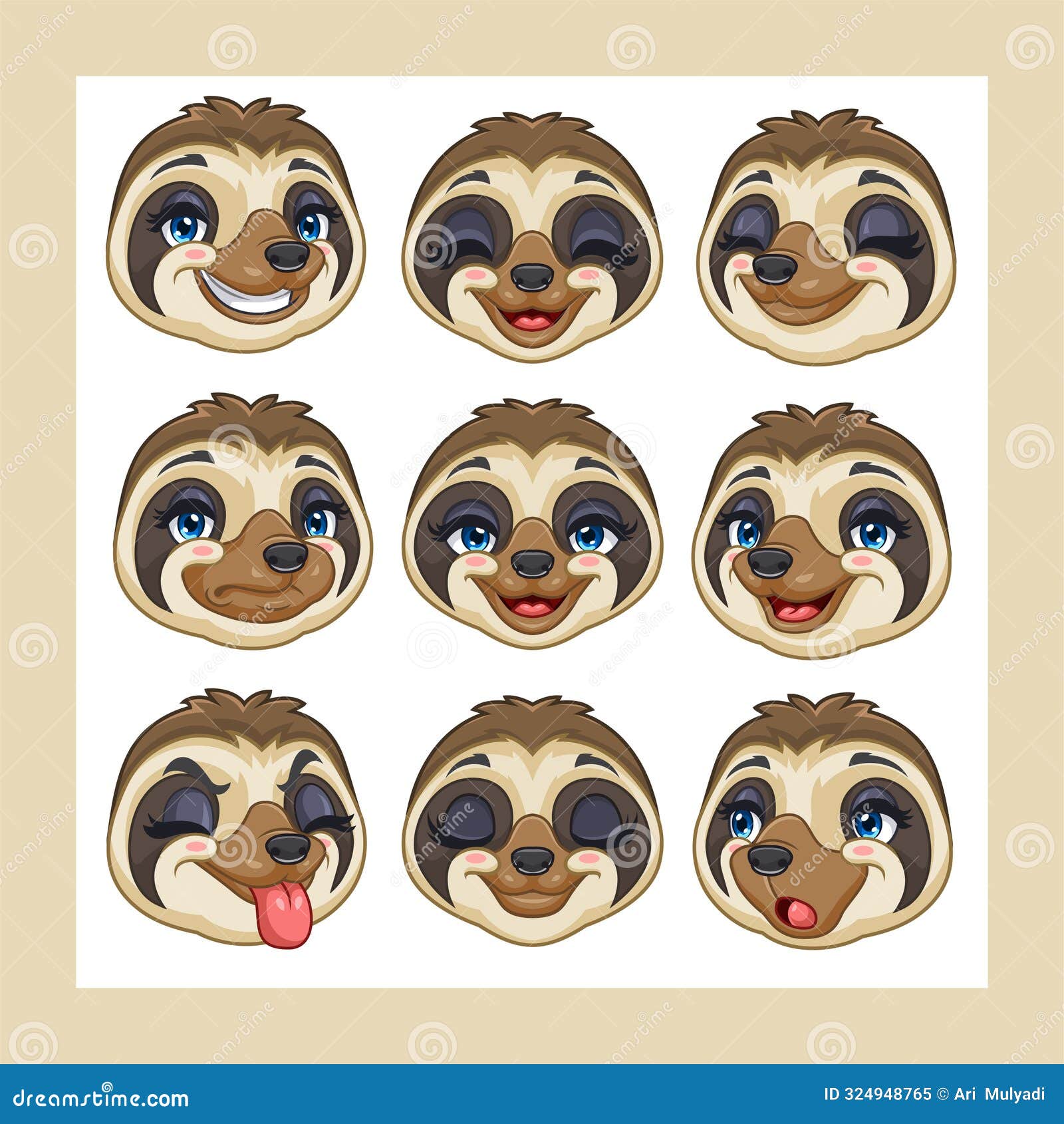 Collection of Cartoon Sloth Heads with Various Expressions Stock ...