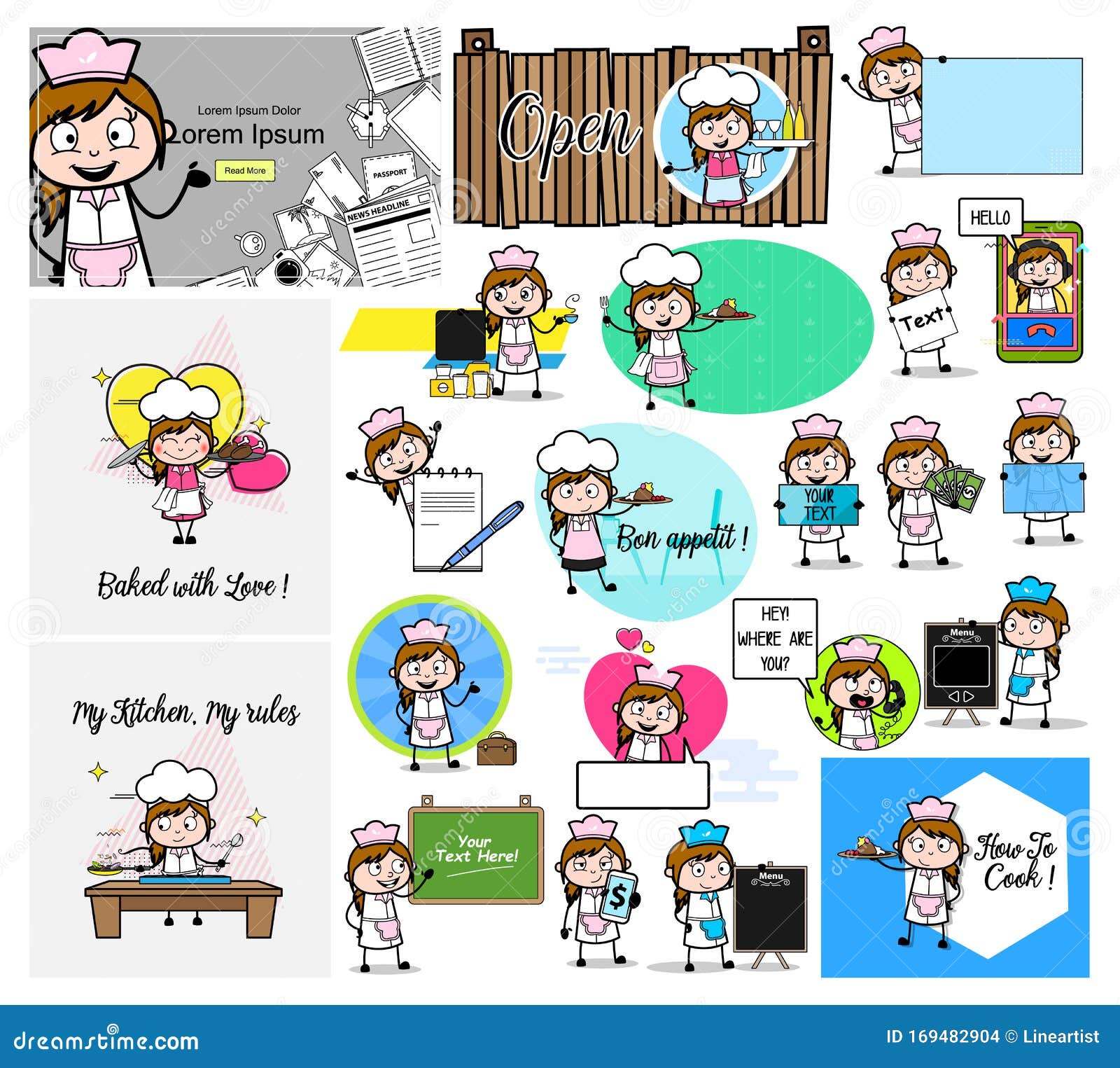 Collection of Cartoon Waitress Concepts - Set of Comic Vector ...