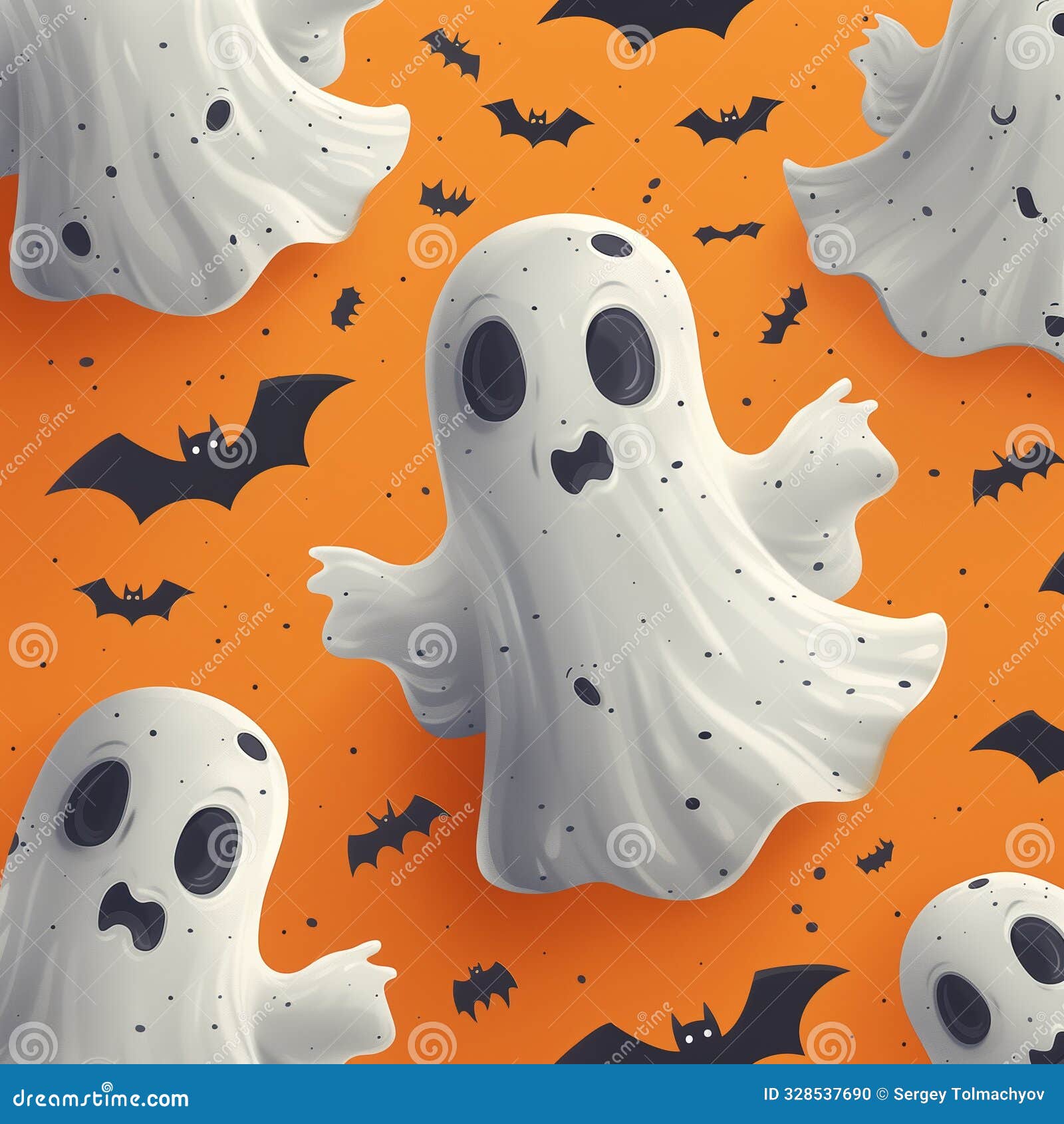Playful Cartoon Ghosts Dancing among Bats on a Vibrant Orange ...