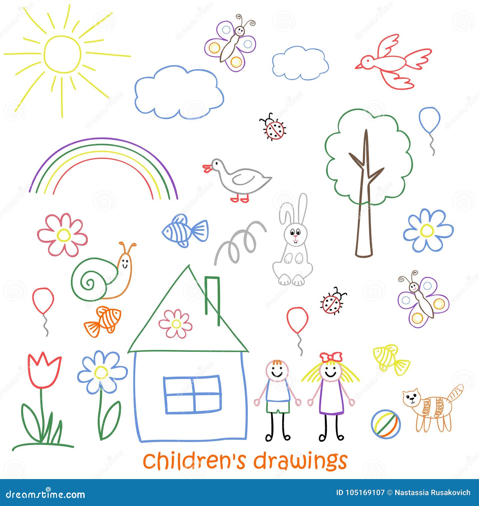Collection of Children Drawings Stock Vector - Illustration of doodle ...