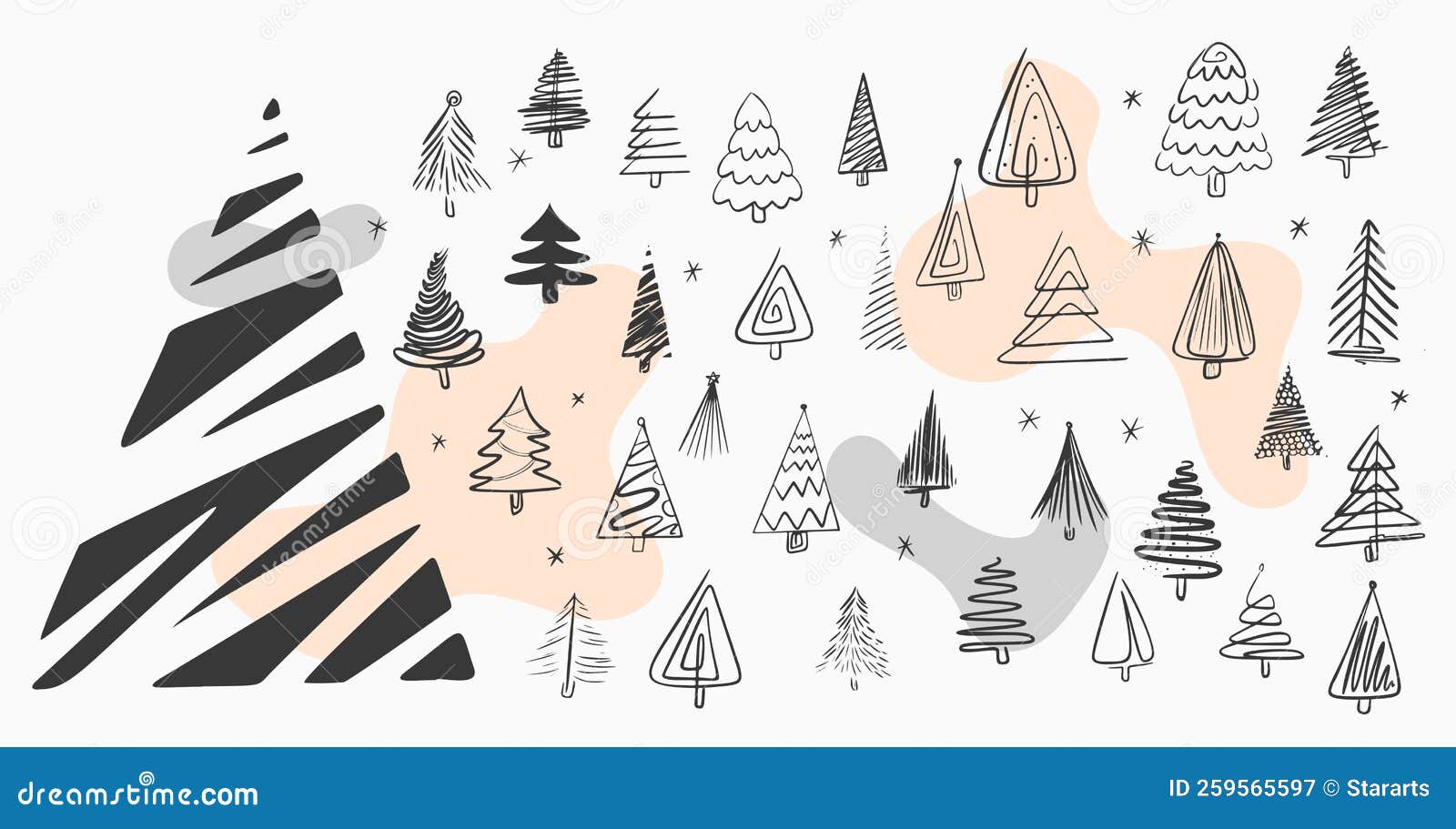 Collection of Christmas Tree Elements Design in Hand Drawn Style Stock ...