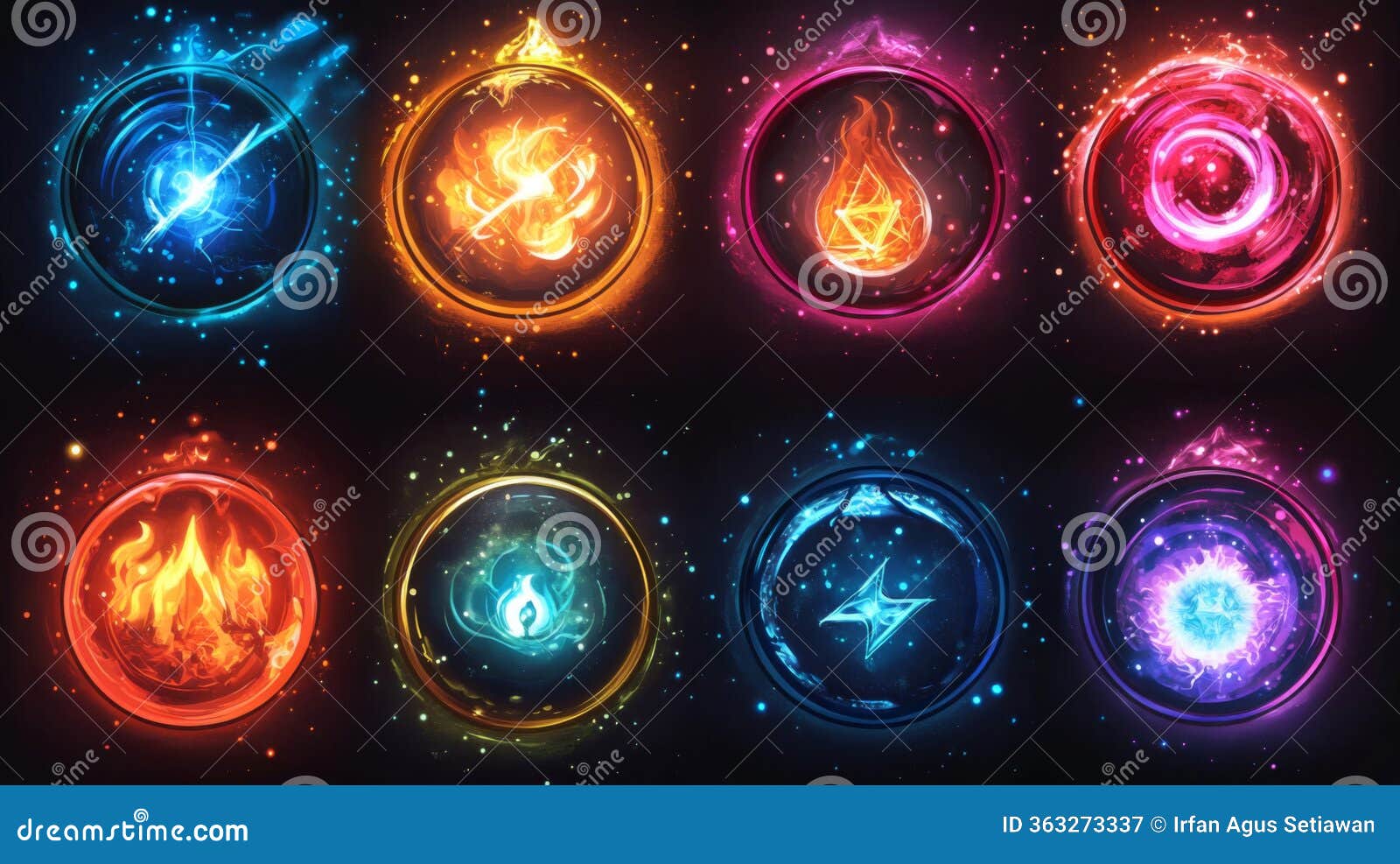 Collection of Circular Elemental Icons on Dark Background with Glowing ...