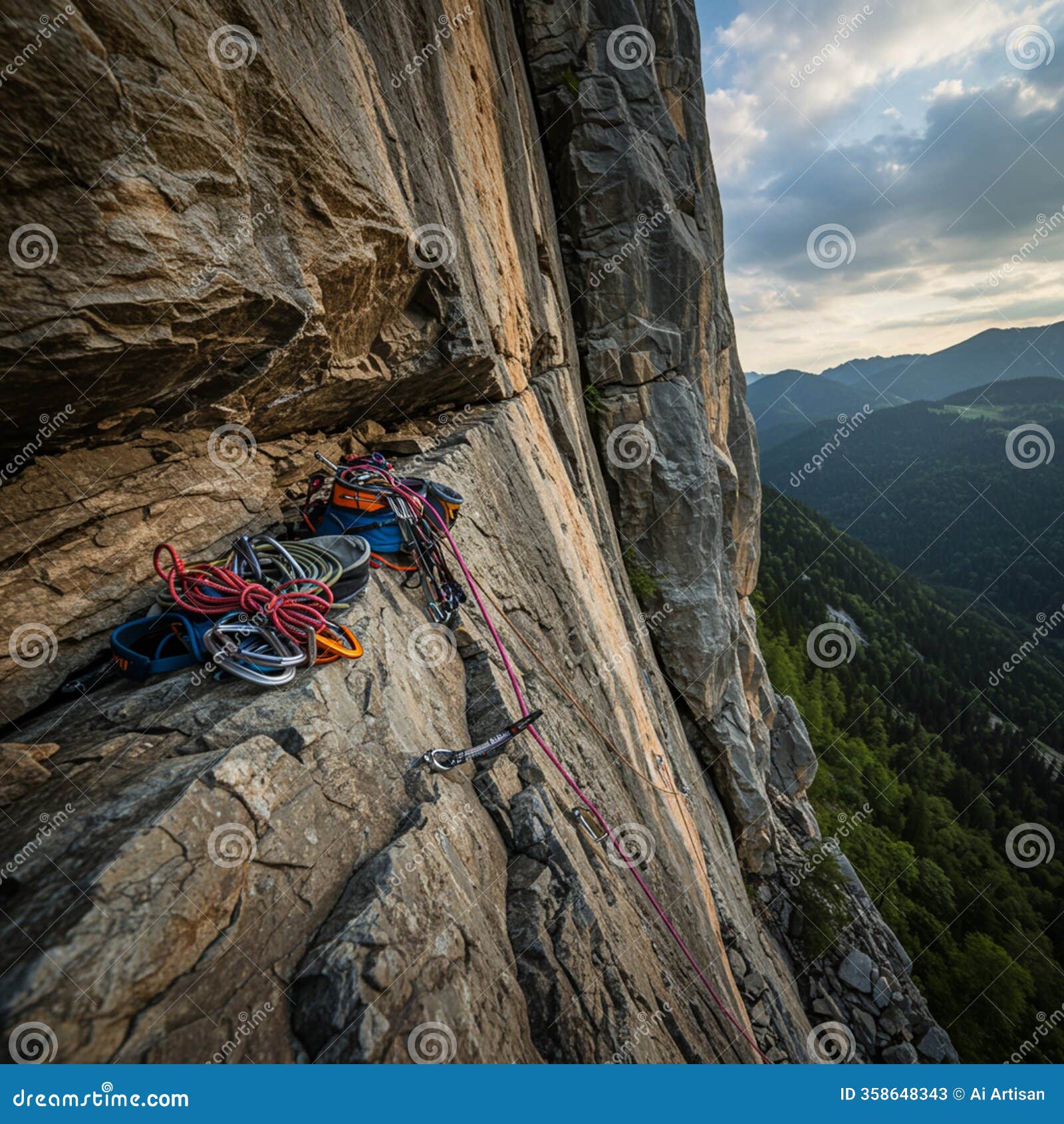 A Collection Of Climbing Gear Rests On A Rugged Cliff Face, Including Ropes, Climbing Shoes, And ...