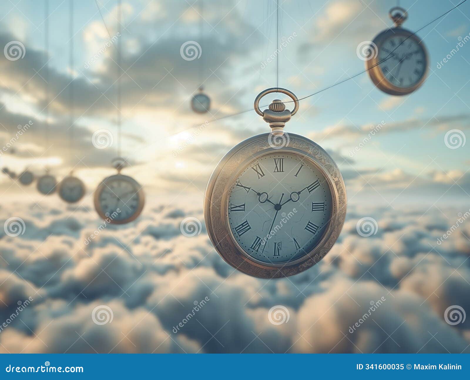 A Collection of Clocks Hanging from the Sky Stock Image - Image of ...