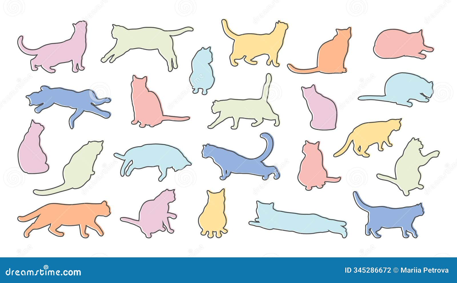 Collection of Colored Cat Silhouettes. Different Cat Poses Stock ...