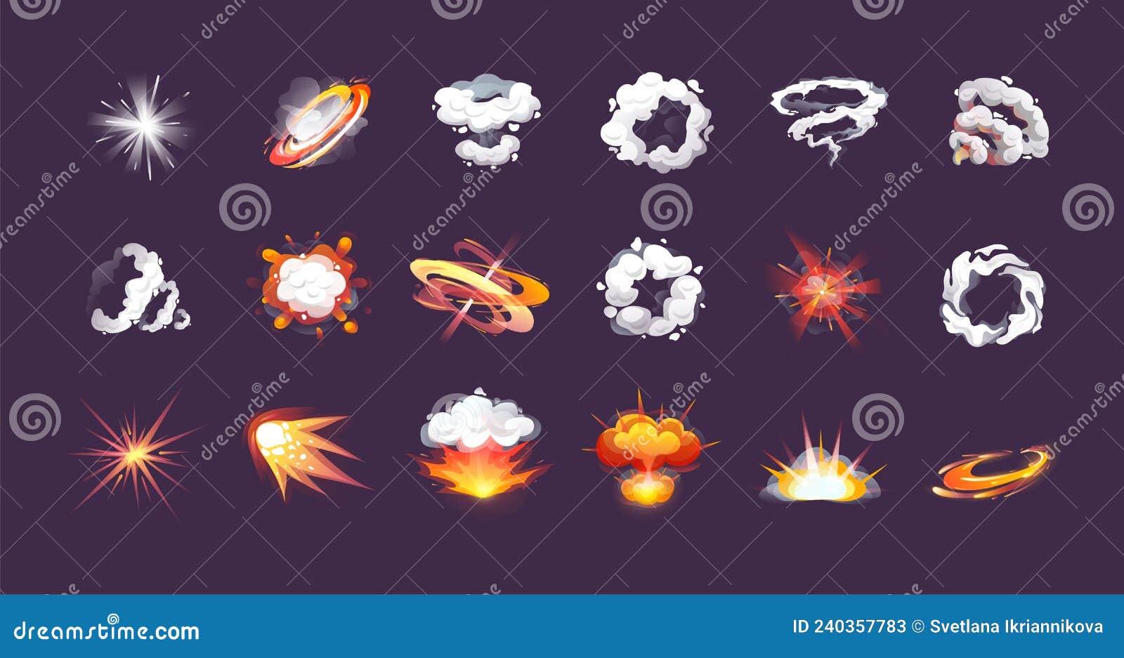 Collection of Colorful Bomb Explosion. Blast Atom Explosive Effect ...