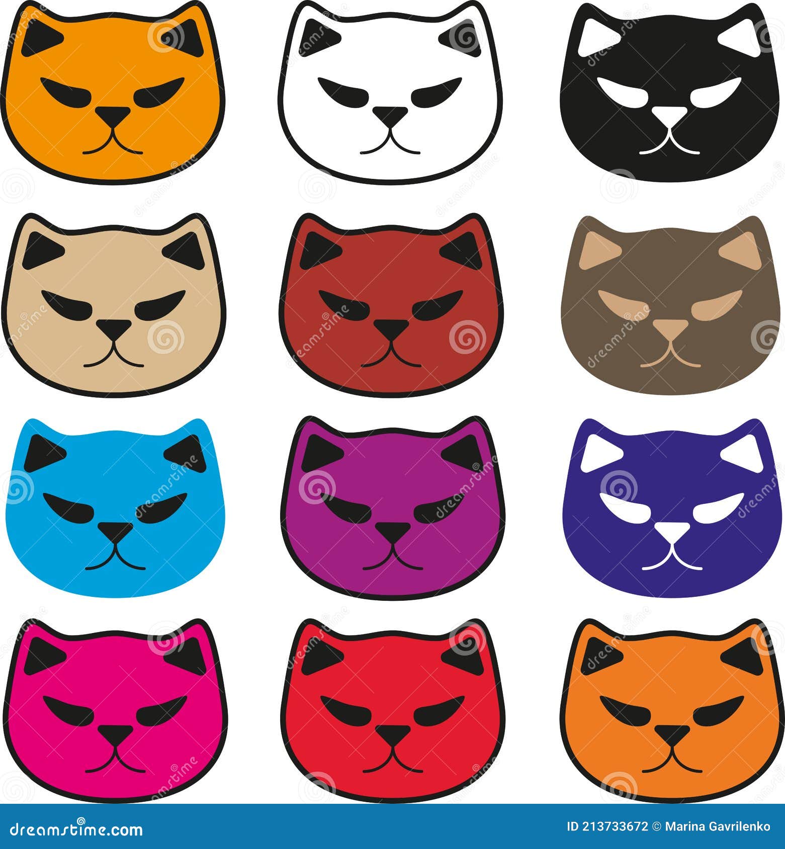 Collection of Colorful Cat Faces Flat Illustration Modern Design Stock ...