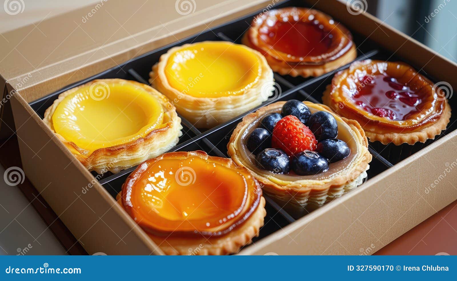 A Collection of Colorful Fruit Tarts in a Box Stock Illustration ...