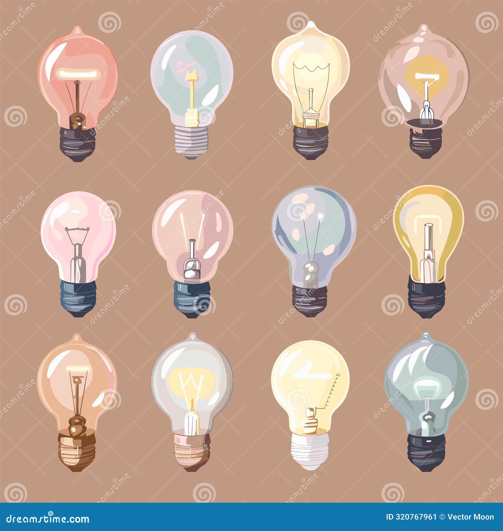 Collection Colorful Light Bulbs Cartoon Vector Beige Background, Bulb ...