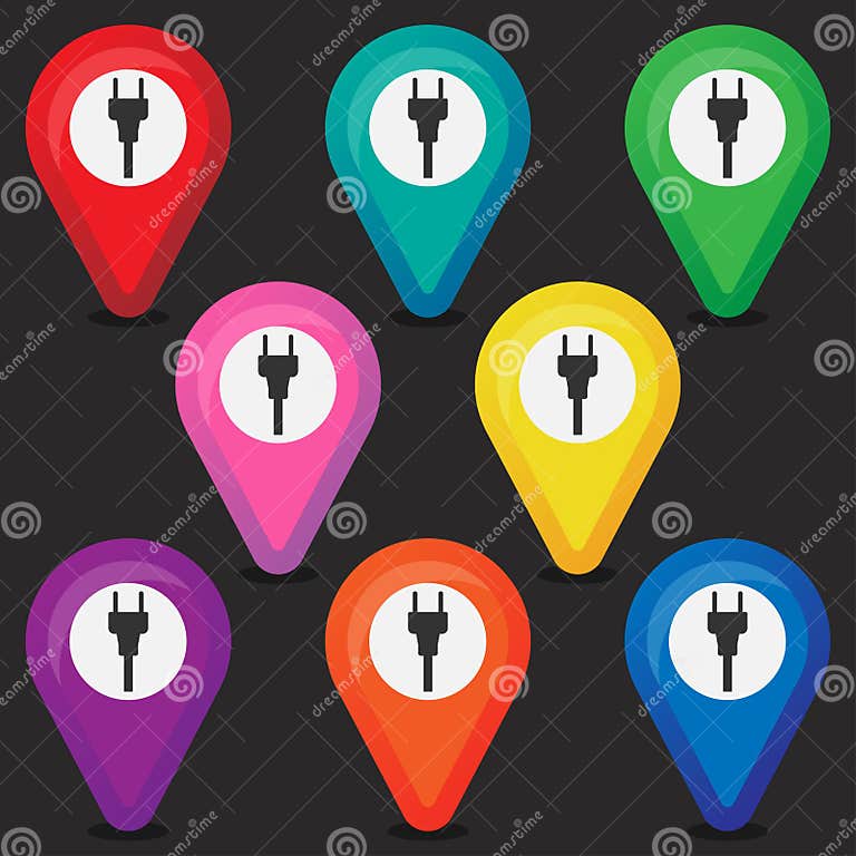 Collection of Colorful Location Pointers with Plug Sign Stock Vector ...