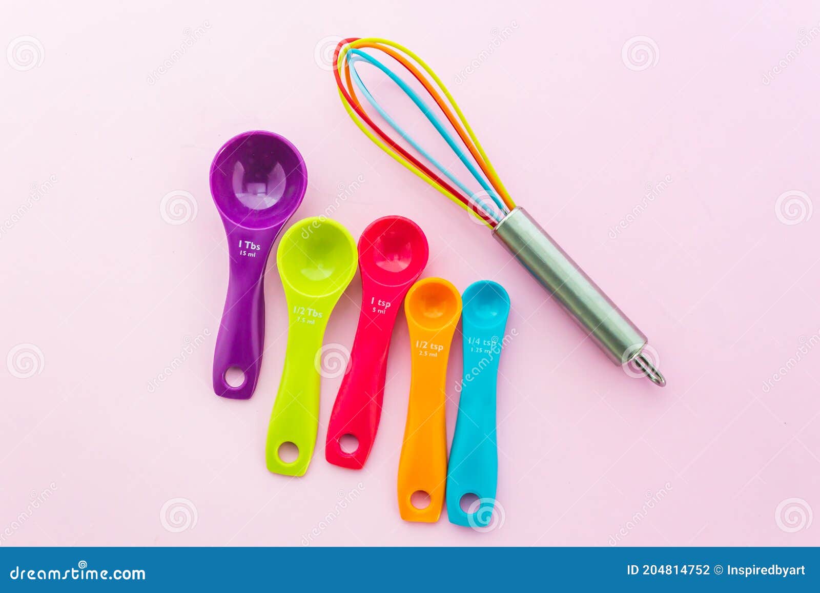 Collection of Colorful Measuring Spoons and Whisk Stock Photo - Image ...
