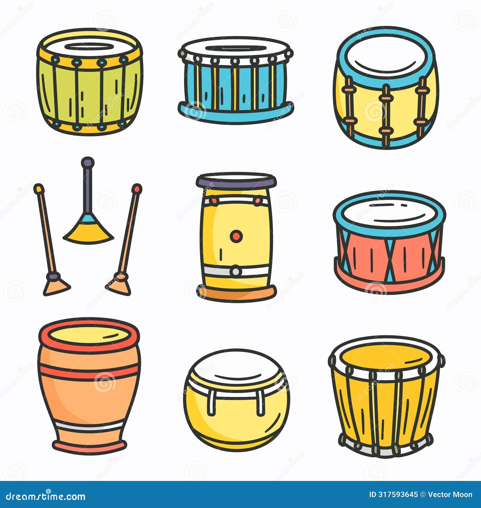 Collection Colorful Percussion Instruments Including Drums, Bongos ...