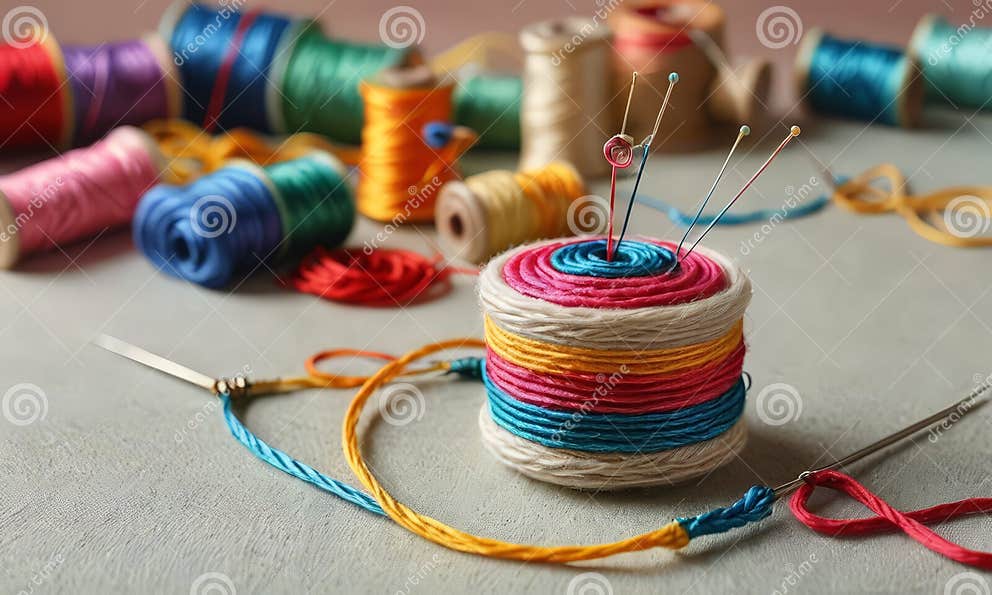 Collection Colorful Spools Thread and Needles Arranged on Gray Surface ...