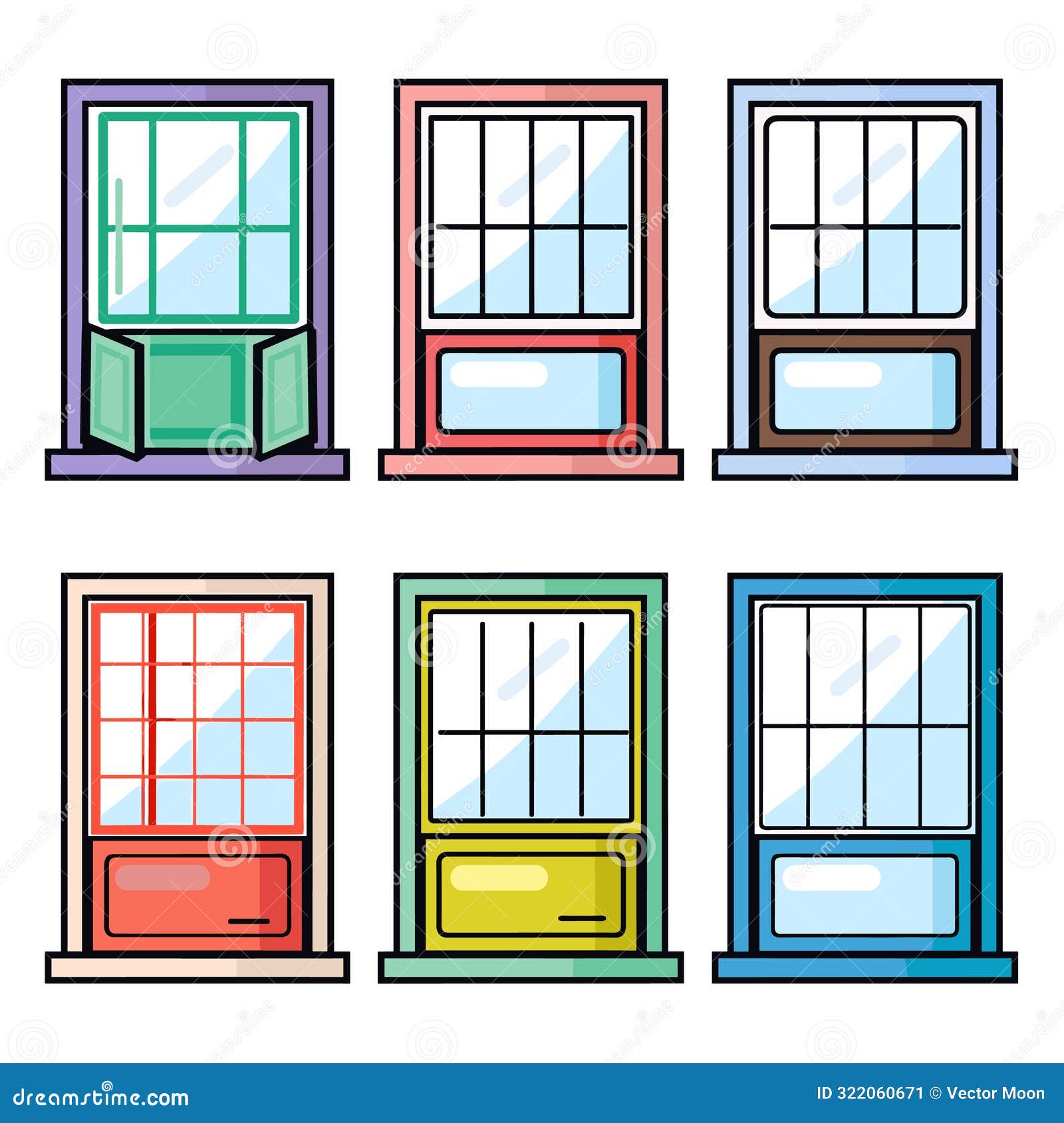Collection Colorful Windows Various Designs. Six Square Windows Two ...