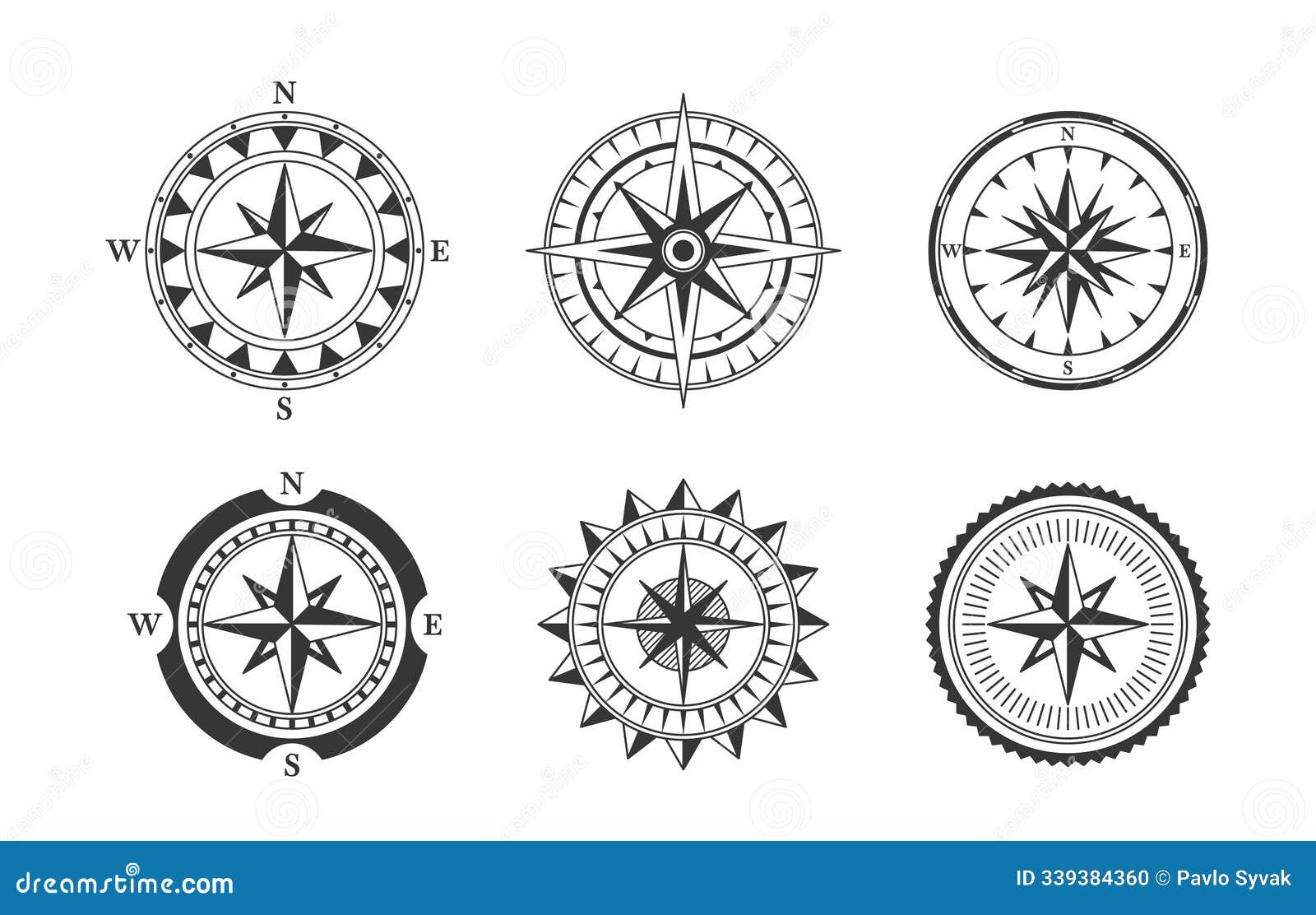 Collection of Compass Designs Featuring Black and White Illustrations ...