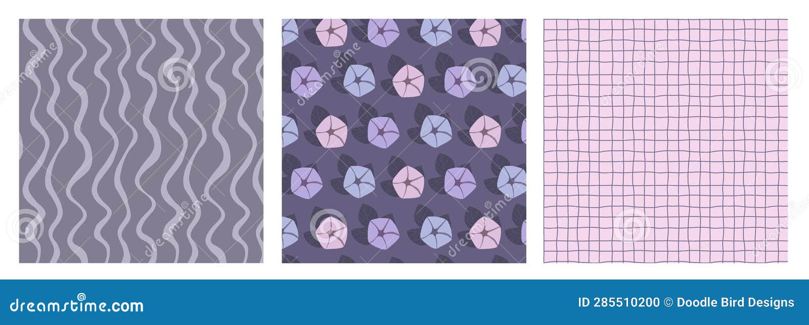 Collection of 3 Complementary Patterns in Lilac Colors. Flower Heads ...