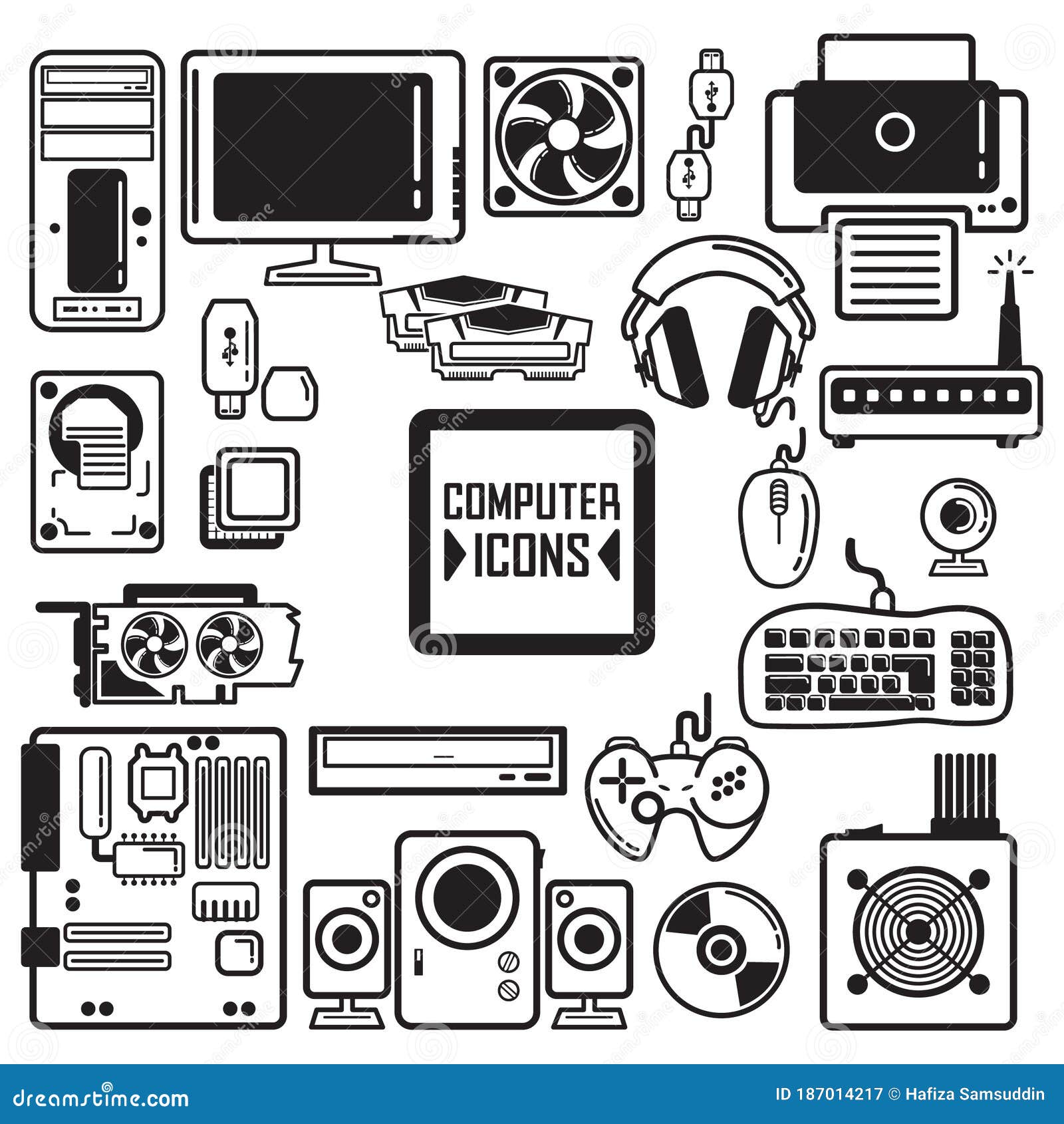 Collection of Computer Components and Peripherals. Vector Illustration ...