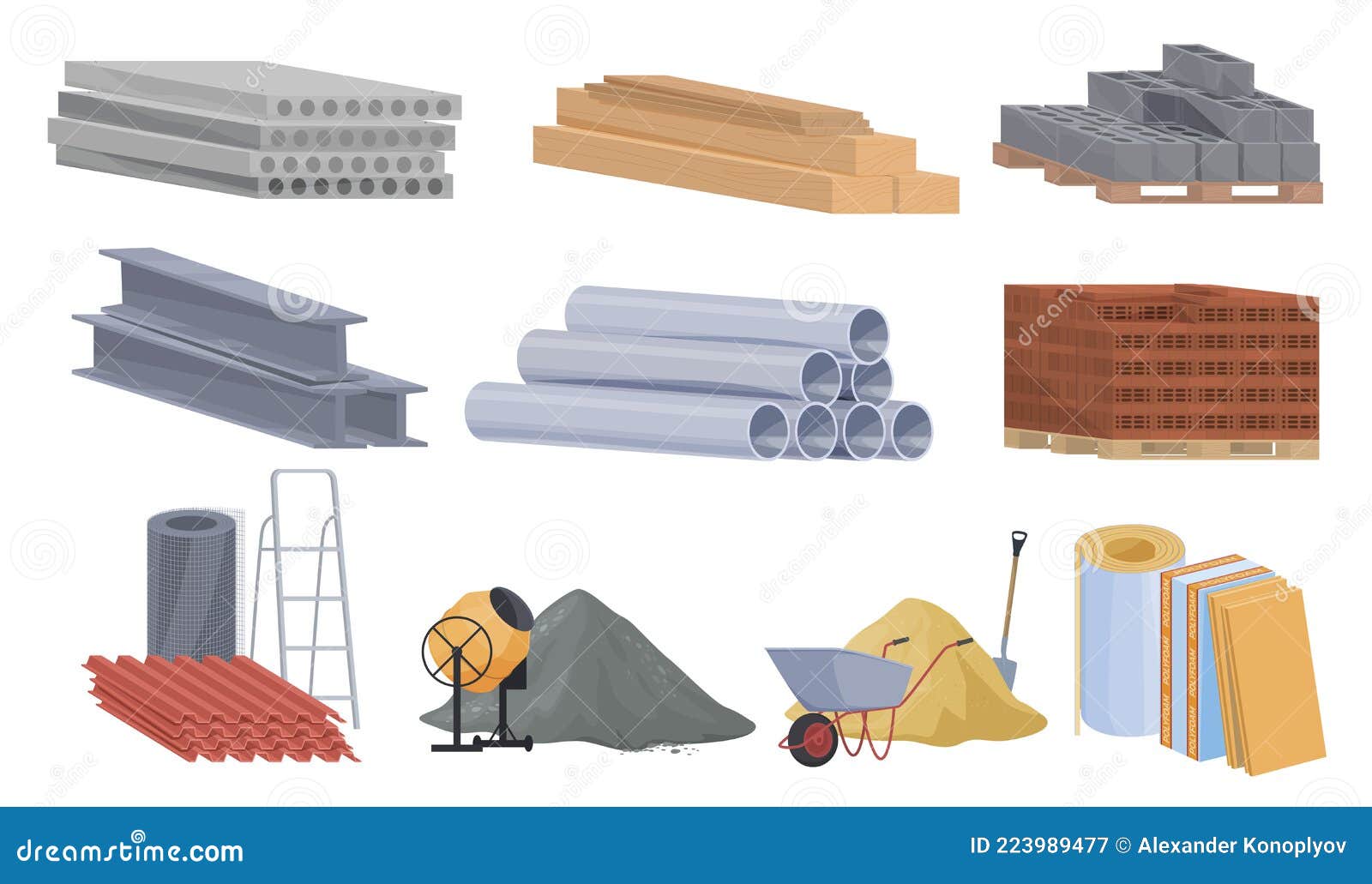 Collection Construction Materials Vector Flat Illustration. Heaps of ...