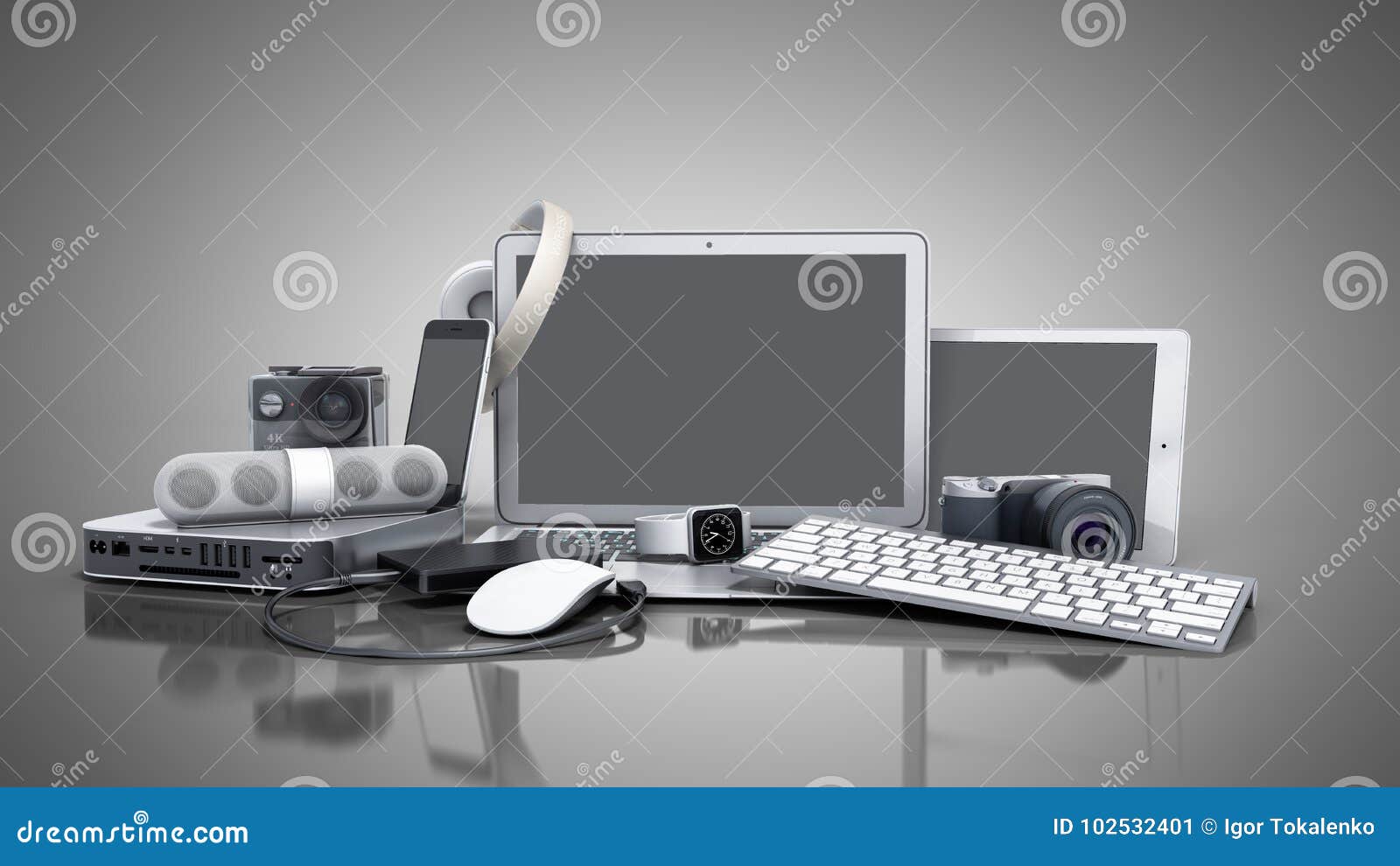 Collection of Consumer Electronics 3D Render on Grey Background Stock ...