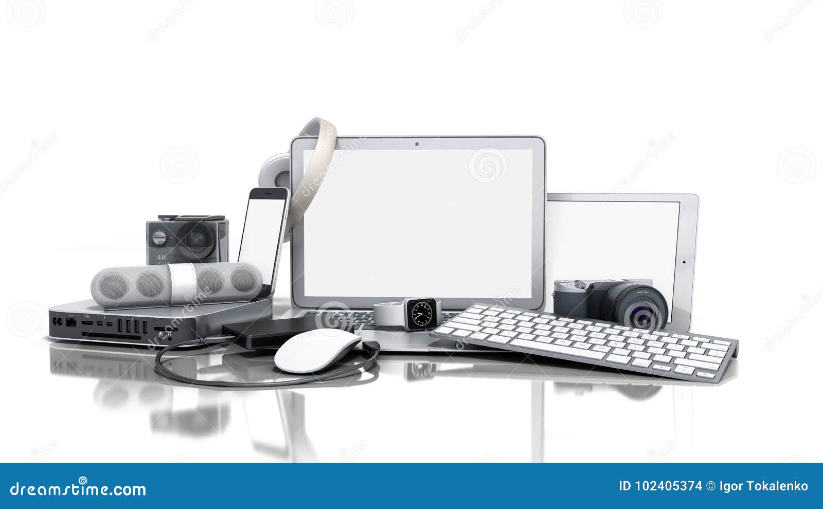 Collection of Consumer Electronics 3D Render on White Background Stock ...